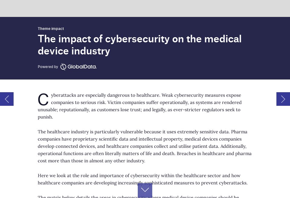 The impact of cybersecurity on the medical device industry - Thematic Take: Cybersecurity